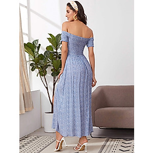 Floerns Women's Boho Floral Print Off Shoulder Split Long A Line Dress Blue Flower M