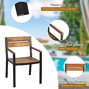 HAPPYGRILL 7 Piece Patio Dining Set Outdoor Dining Furniture with 6 Armchair Heavy Duty Steel Frame Acacia Wood Table Top Umbrella Hole Patio Furniture Set for Backyard Garden Poolside