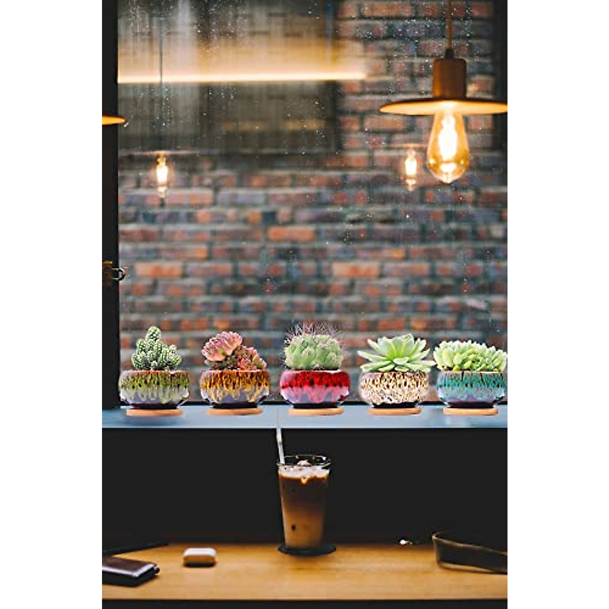 LAMDAWN Cute Ceramic Succulent Garden Pots, Planter with Drainage and Attached Saucer, Set of 5 -Plants Not Included (Round)