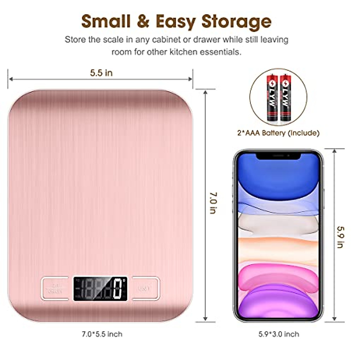 Mik-Nana Food Scale Pink, 10kg/22lb Digital Kitchen Scale Weight Grams and Oz for Baking and Cooking, 1g/0.1oz Precise Graduation, Easy Clean Stainless Steel