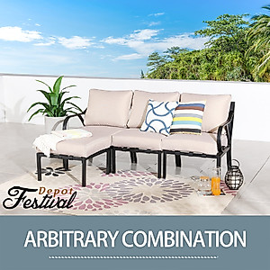 Festival Depot Patio Ottoman Metal Footstool with Thick Cushion Small Seat All Weather Outdoor Furniture for Porch Deck Garden (Beige)