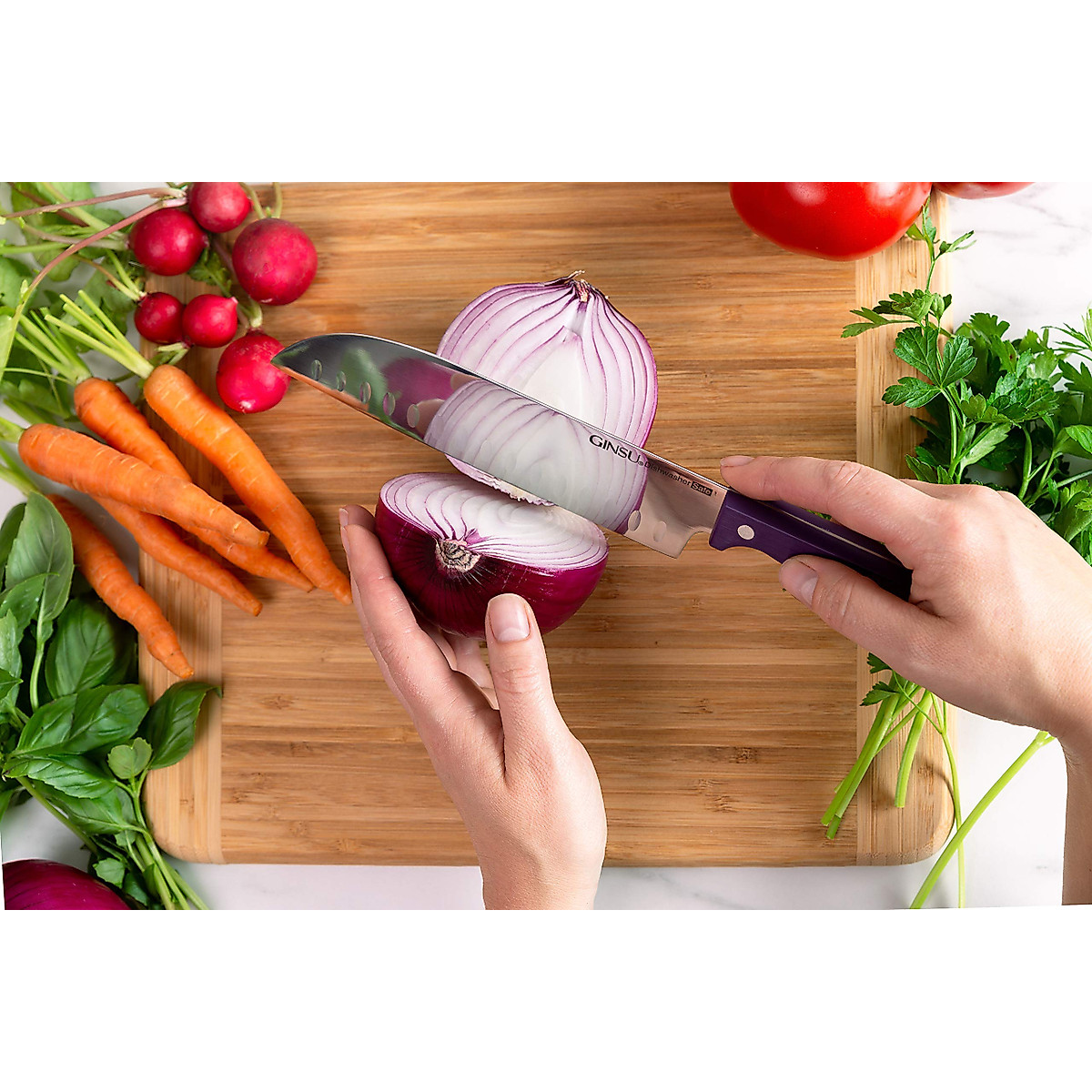 Ginsu Kiso 14-Piece Purple Knife Set with Black Block - Dishwasher Safe and Always Sharp