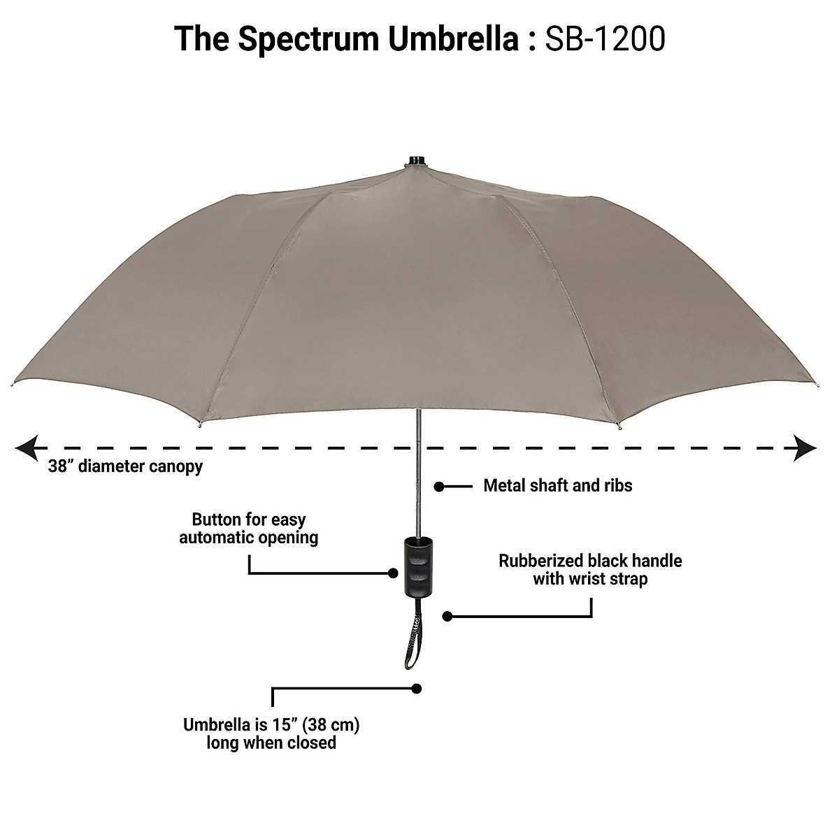 The Spectrum Popular Style 42" Automatic Open Compact Travel Umbrella for Rain, Wind & Sun, Sturdy Lightweight Small Portable Stick Umbrella for Men and Women, Grey