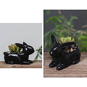 YONGYAN Rabbit Flower Pot Statue Decoration Ceramics Garden Planters Containers Pot Bookshelf Office Animal Desktop Decor (Black)