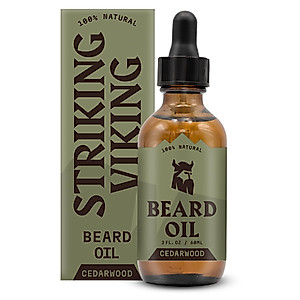 Striking Viking Cedarwood Beard Oil, Large 2 Oz - Natural Formula with Tea Tree, Argan & Jojoba Blend - Softens, Smooths & Strengthens Beard - Scented Oil for Men