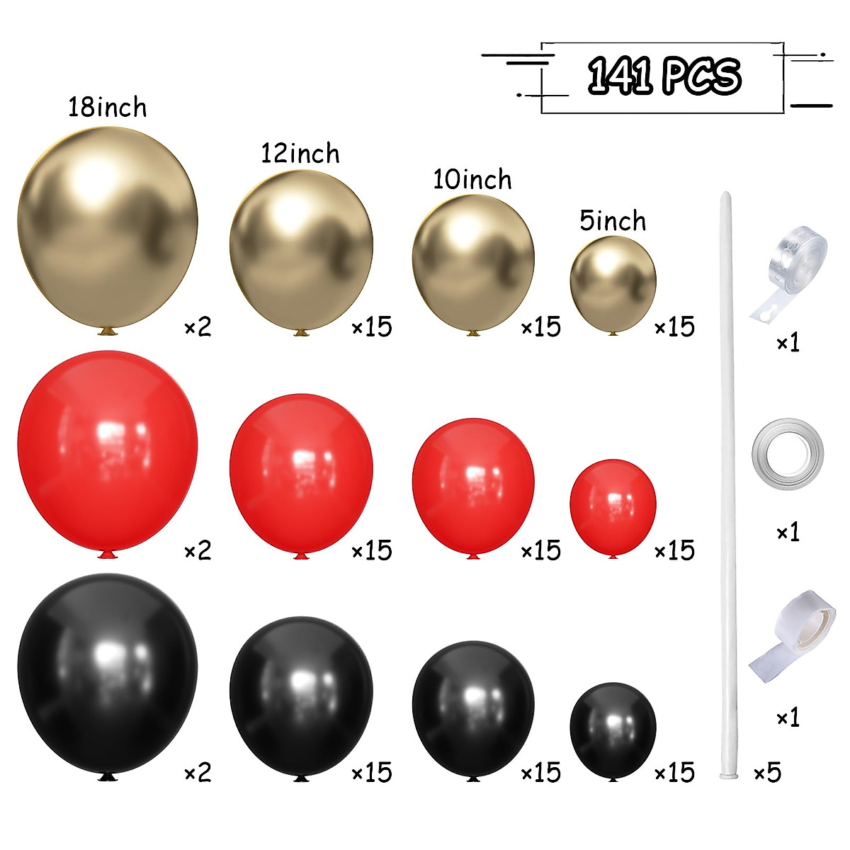 MEBAY Black Gold Red Balloons Garland Arch Kit, 141Pcs Latex Balloons Different Sizes 18 12 10 5 Inch for Party Decorations, Wedding Backdrop, Birthday, Baby Shower, Graduation