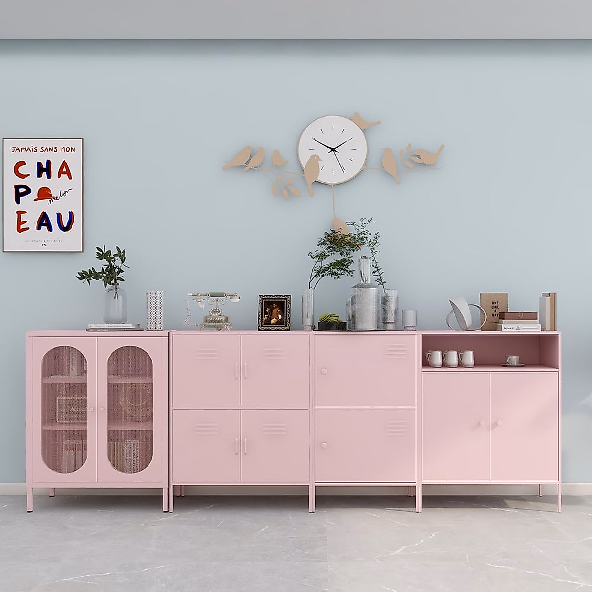 Fumedo 2 Door Metal Storage Accent Cabinet for Bed Room,Living Room,Home,Hotel,Office,Garage,Kitchen,2-Tier,1 Removable Shelf,7.1''H Open Top Space. (Pink)