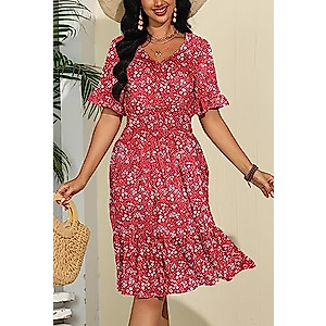 nclook Womens Summer Casual Dress Sweet & Cute V-Neck Slim Fit Midi Dress with Pocket Short Sleevele Ruffle Dress Jujube Red