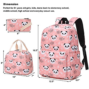 Panda Girls School Backpacks for Kids Teens, 3-in-1 School Bag Bookbags Set with Lunch Bag Pencil Case (Pink)