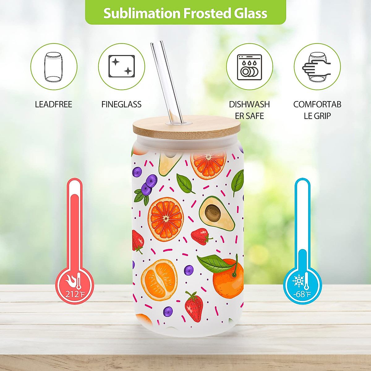 AnTaoTao Sublimation Glass Cans Blanks Frosted 18 OZ with Bamboo Lid and Clear Glass Straw Beer Cans Wide Mouth Jar 6 Pack Reusable Tumbler Cups Mugs for Iced Coffee, Tea, Juice, Soda, DIY Gift