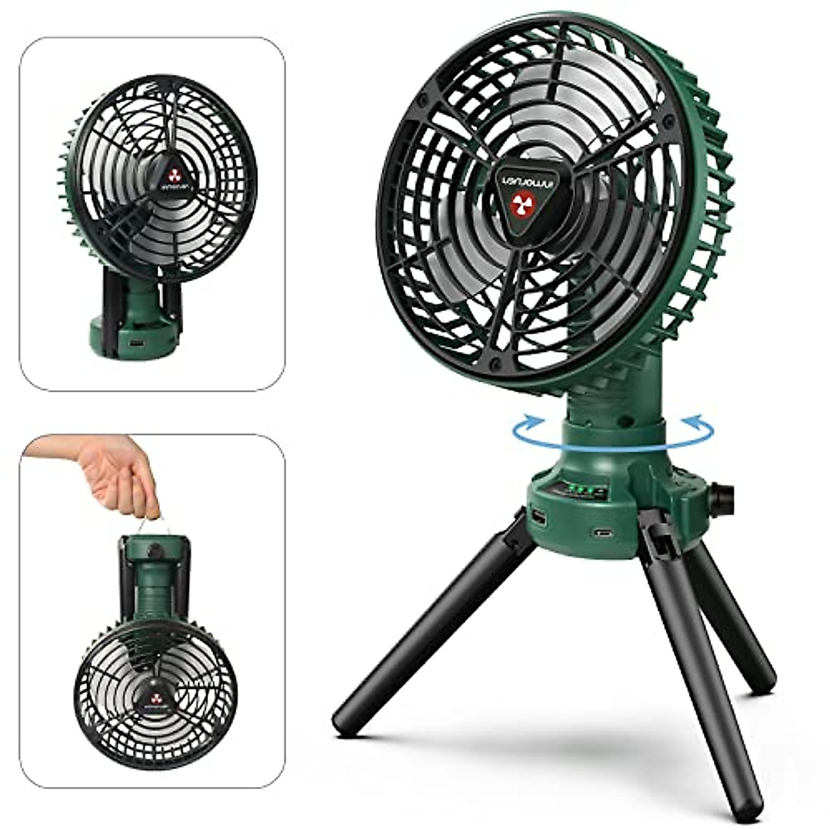 CONBOLA Portable Battery Operated Fan with LED Lantern, 270° Oscillating Fan 10400mAh Outdoor Small Rechargeable Camping Fan, Personal Desk Fan with Hanging Hook for Tent, Bedroom