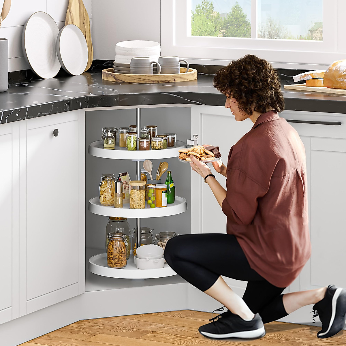 YITAHOME 18-Inch Full-Circle 3-Shelf Lazy Susan Corner Kitchen Cabinet Storage Organizer with Telescoping Mount, White