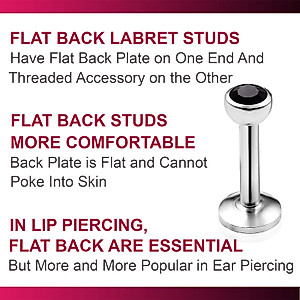 bodyjewellery 3pcs 16g 1/4 Labret Stud Lip Ring Snake Bite Conch Forward Helix Monroe Tragus Dahlia Marilyn Internally Threaded - Jet