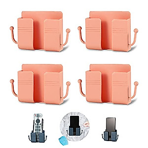 4 pieces Wall Mount Phone Holder Adhesive Wall Beside Organizer Storage Box Plastic with Hooks Remote Control Phone Brackets Holder Charging Phone Stand for Bedroom Living Room Bathroom (Pink)