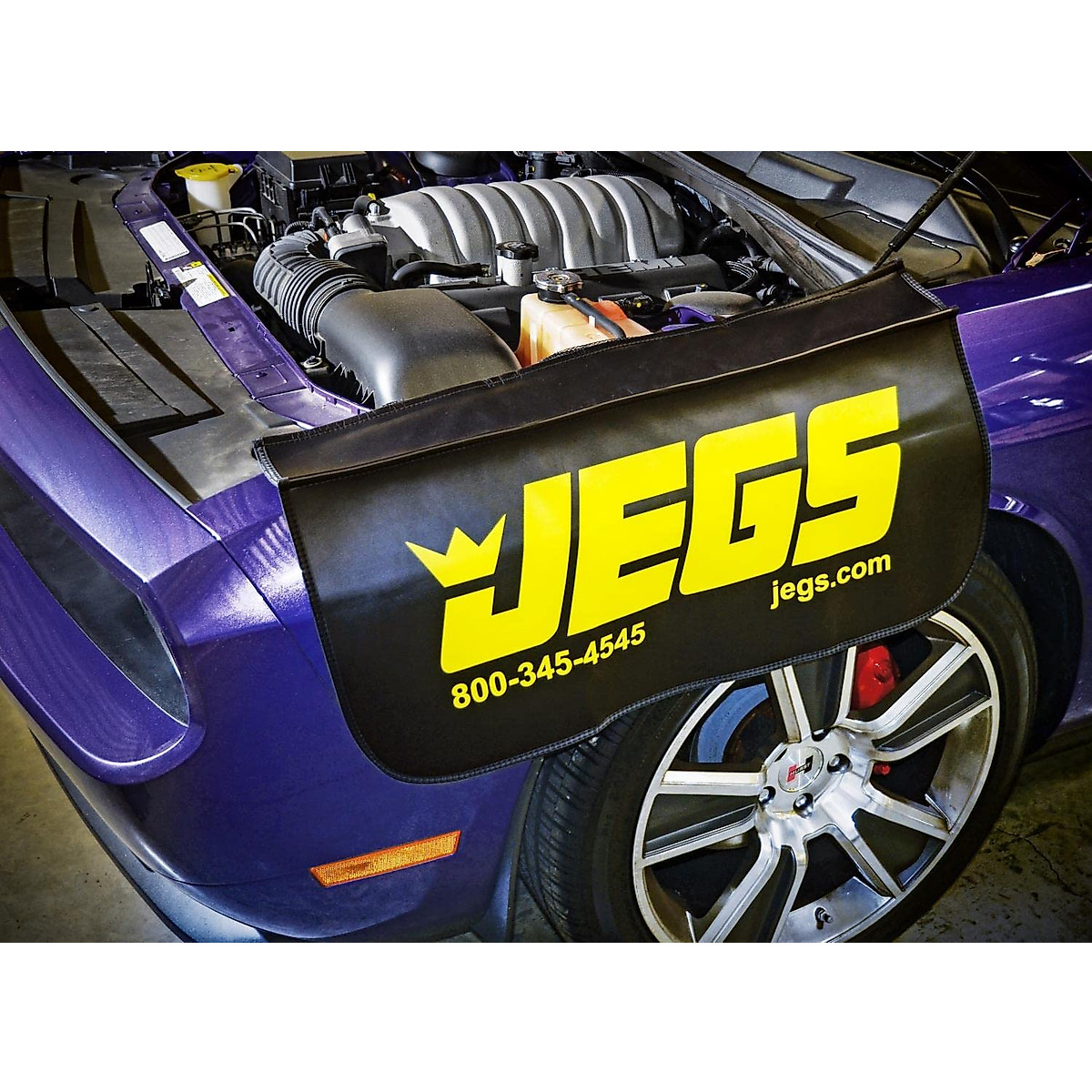 JEGS Fender Cover | Built-In Pocket For Tools | 23” High by 31-1/2 “ Long | Black With JEGS Logo | Heavy-Duty Vinyl | Non-Skid Backing