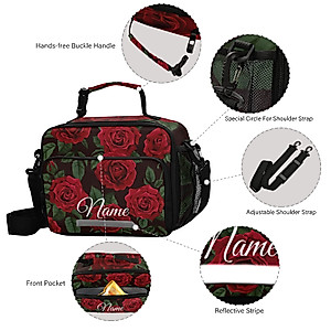Glaphy Custom Red Rose Flower Lunch Bag for Boys Kids, Personalized Your Name Lunch Tote Bags Insulated Lunch Box for Office Work School Picnic