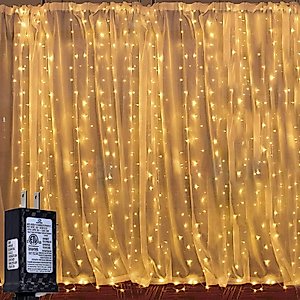 LED Curtain Lights, 8 Modes Warm White Window String Lights Wall Decorations for Bedroom Christmas Decor, Room, Party, Garden