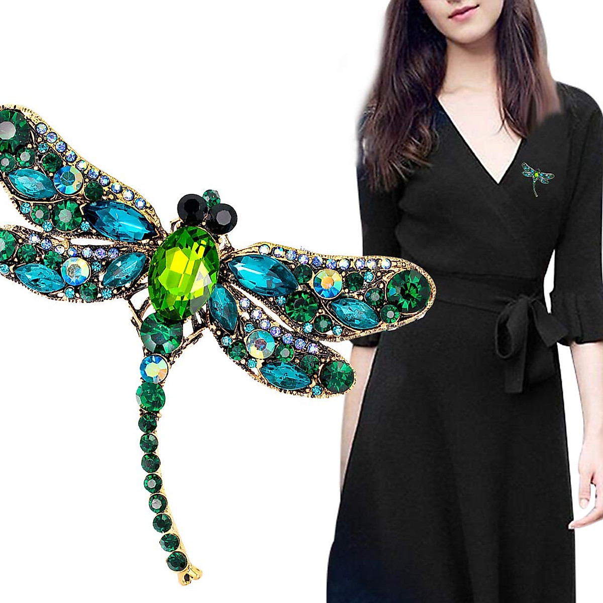 SloveM Crystal Rhinestone Dragonfly Brooch Pin Jewelry Birthday Gifts Mother's Day Brooches and Pins (Green)