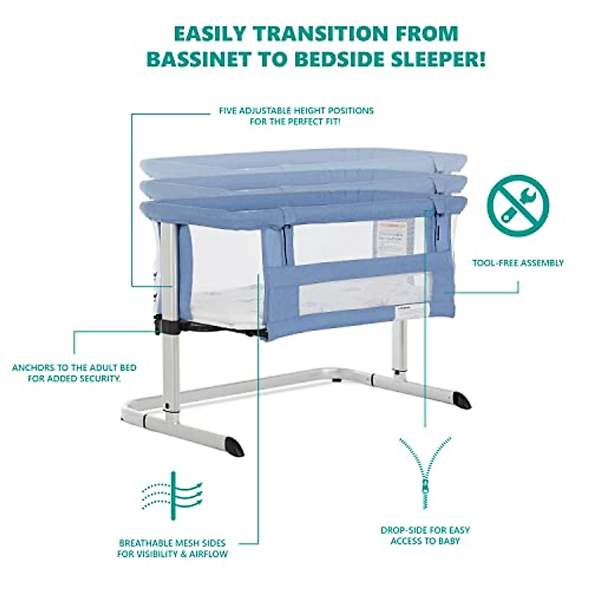 Dream On Me Daisy Bassinet and Bedside Sleeper, Lightweight and Portable Baby Bassinet, Adjustable Height Position, Easy to Fold and Carry Travel Bassinet- Carry Bag Included