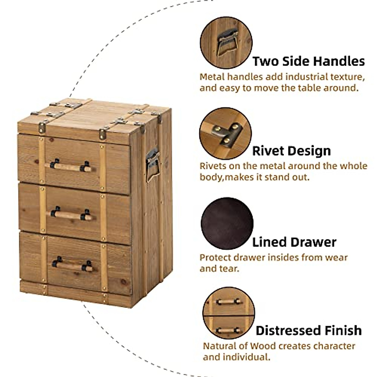 LONYKE Distressed Solid Wood Nightstand with 3-Drawer, Vintage Mid Century End Table Side Table with Metal Handles, Fully Assembled, Retro Brown