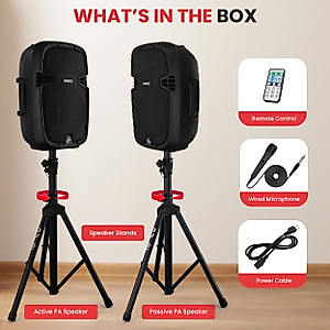 Pyle Wireless Portable PA Speaker System - 1000W High Powered Bluetooth Compatible Active + Passive Pair Outdoor Sound Speakers W/USB SD MP3 AUX - 35mm Mount, 2 Stand, Microphone, Remote