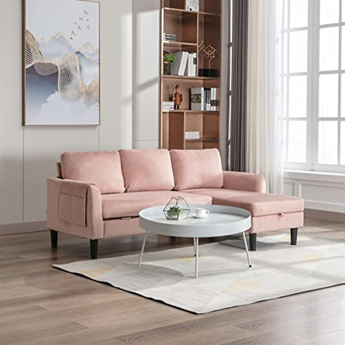 PEIHONGET Sleeper Sectional Sofa, 72.44" Velvet L-Shape 3 Seat with Pull Out Bed, Sectional Sofa Couch with Storage Chaise Living Room Bedroom Apartment(Pink)