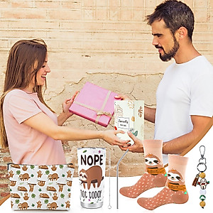 Keluna Sloth Gifts for Women Girls - 4Pcs Sloth Gifts Set 20oz Stainless Steel Tumbler with Lids Straw Cute Animal Makeup Bags Socks Keychain for Sloth Lovers Friends Birthday Christmas Gifts