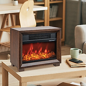 COSTWAY 13 Inch Small Electric Fireplace Heater, Mini Wooden Fireplaces Stove w/Vivid Flame Effect, Overheat Protection, 750W Portable Tabletop Fireplace for Indoor Use, Living Room, Bedroom, Brow