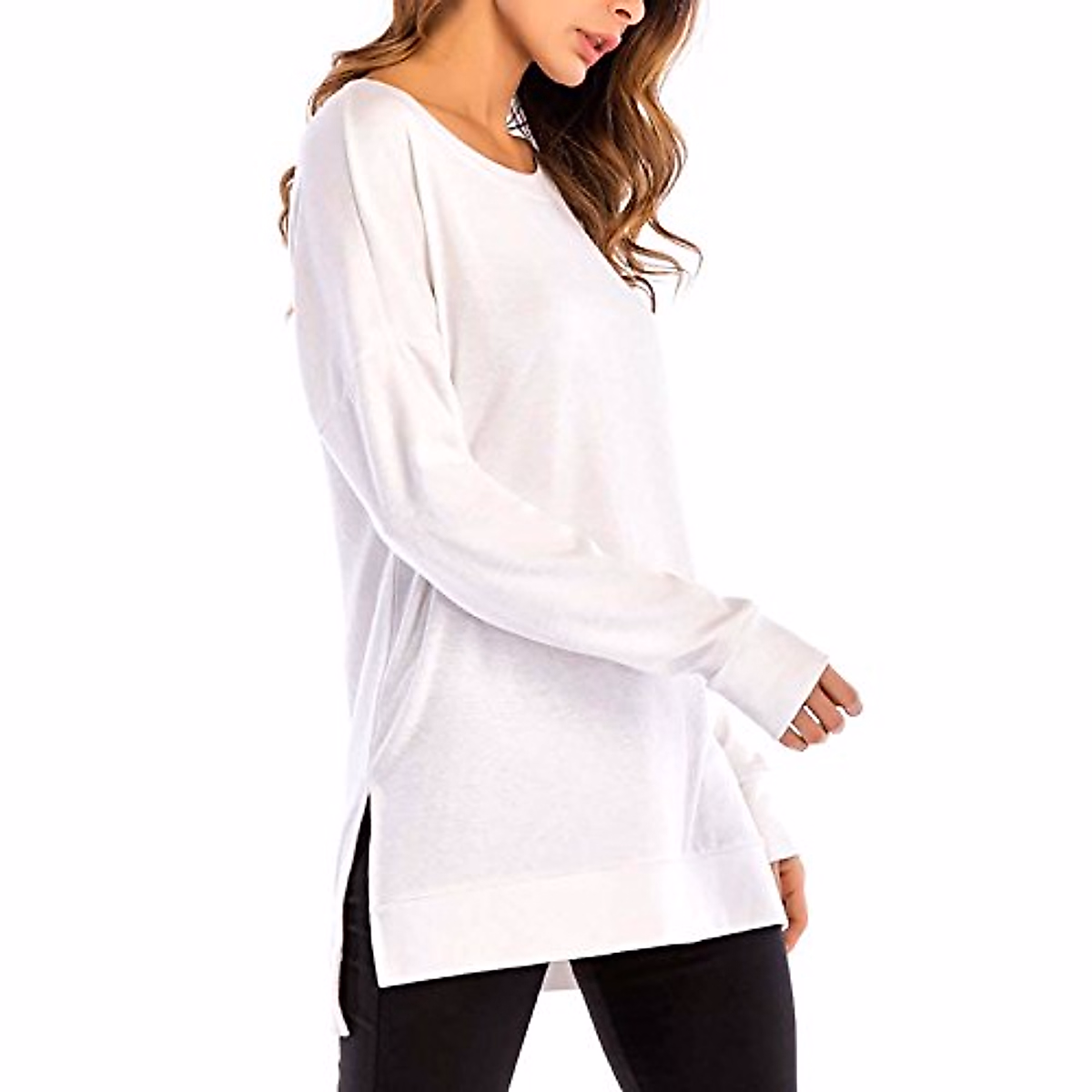 8sanlione Womens Long Sleeve Casual Crew Neck Pullover Loose Sweatshirt Tunic Tops T-Shirt(XX-Large/US 20,White)