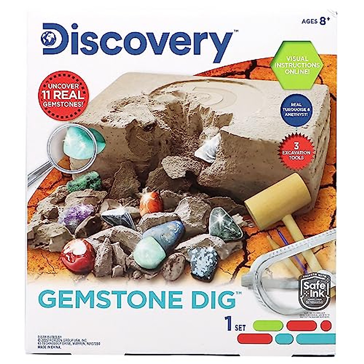 Discovery Kids Gemstone Dig Stem Science Kit by Horizon Group Usa, Excavate, Dig & Reveal 11 Real Gemstones, Includes Goggles, Excavation Tools, Streak Plate, Magnifying Glass & More