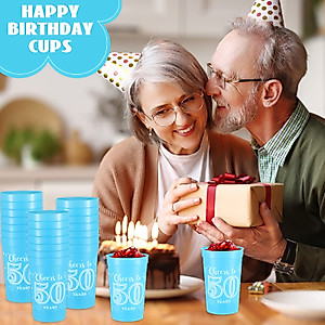 Roshtia 40 Pcs Summer 50th Birthday Cups Cheers to 50 Years Plastic Stadium Cups 16 oz Blue White Party Cups for Birthday Decorations Party Favors Supplies Wedding Anniversary