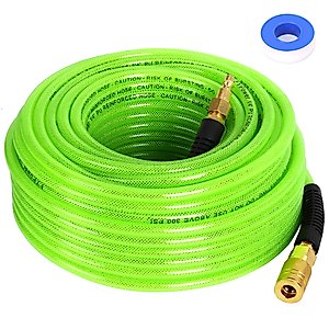 FYPower Air Compressor Hose 1/4 Inch x 100 Feet Reinforced Polyurethane (PU) Air Hose with Fittings, Bend Restrictors, 1/4" Industrial Quick Coupler and Plug Kit, Green