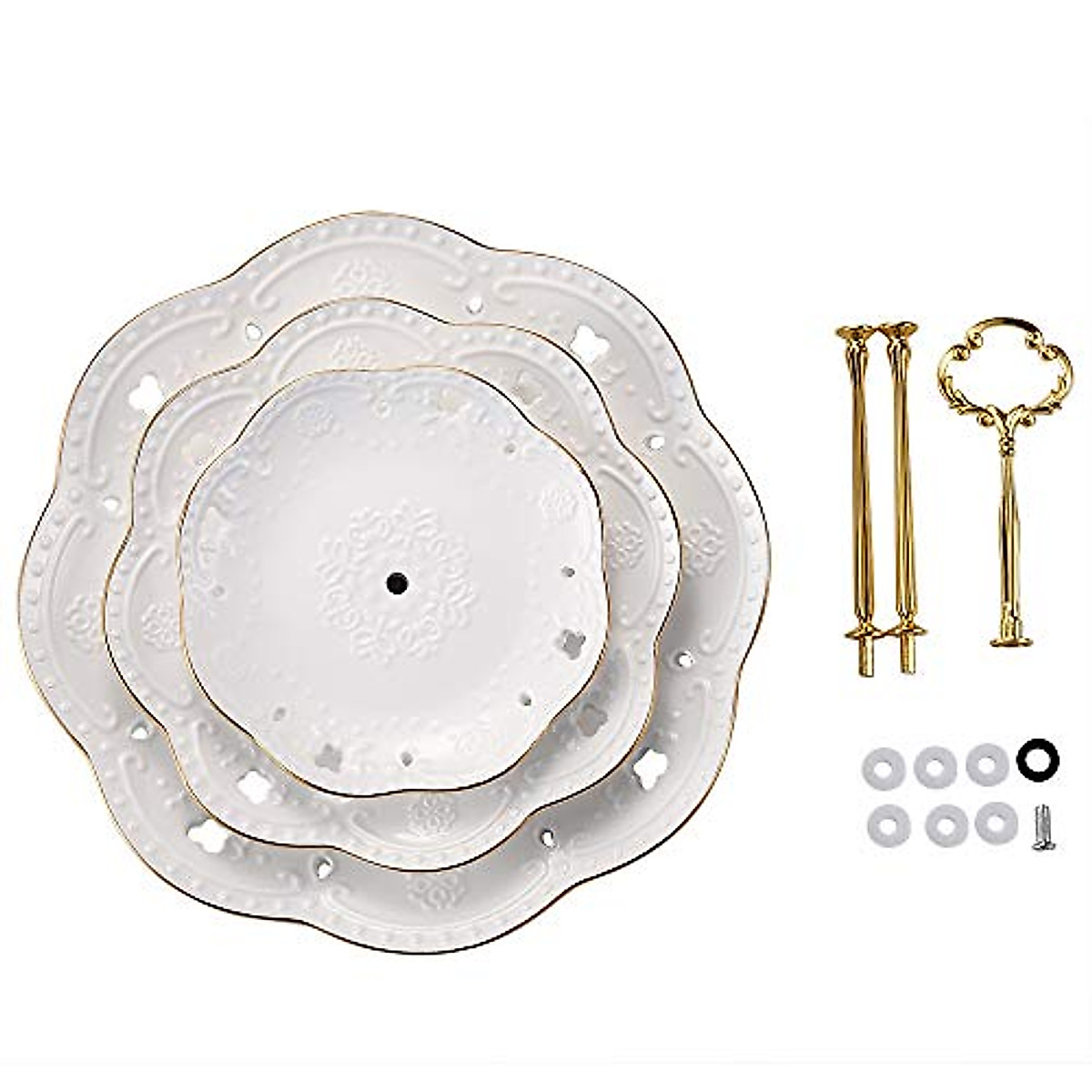 BonNoces 3-Tier Porcelain Embossed Cupcake Stand - Pure White Rimmed with Gold Dessert Cake Stand - Pastry Serving Tray Platter for Tea Party, Wedding and Birthday