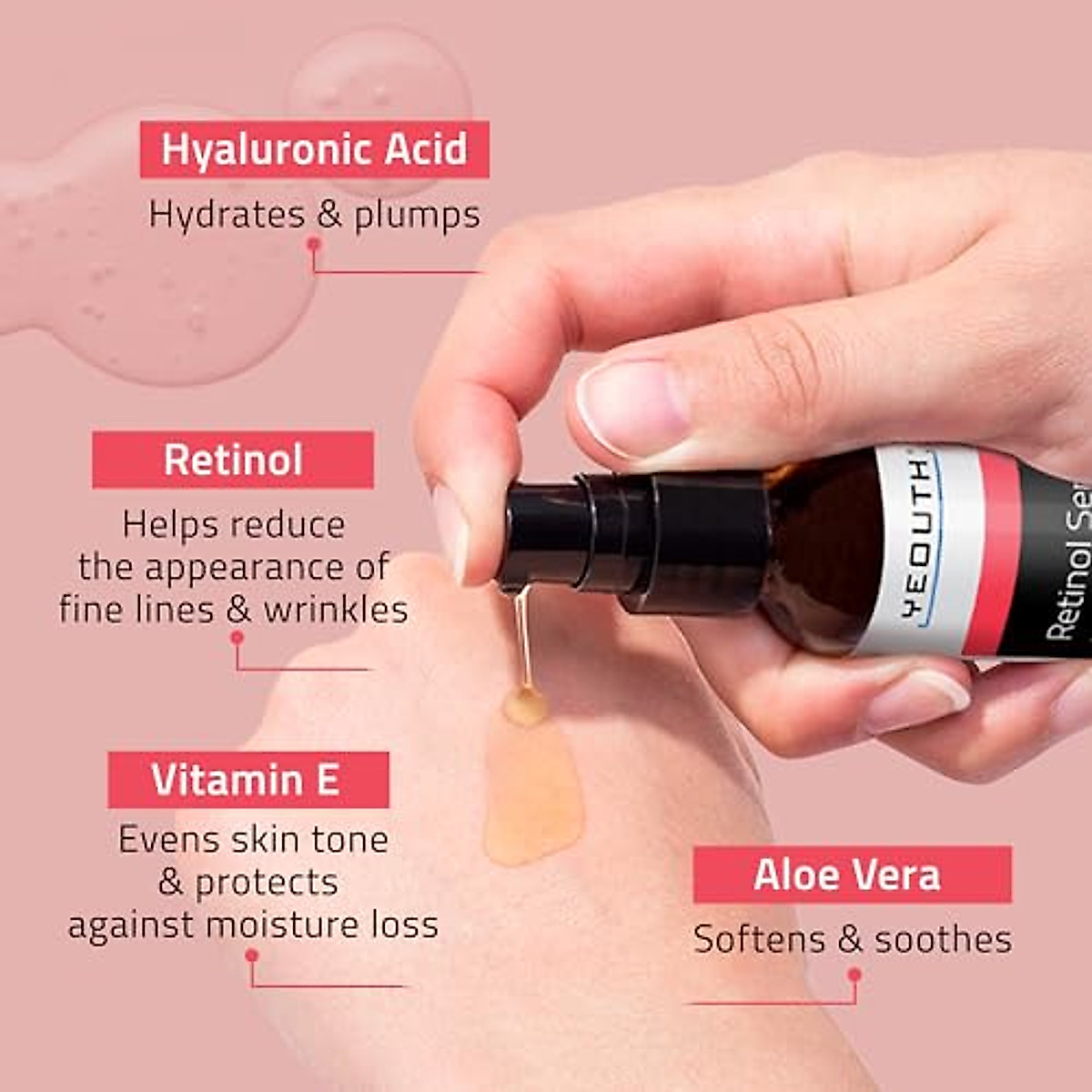 YEOUTH Retinol Serum for Face with Hyaluronic Acid & Vitamin E, Hydrating Retinol for Face, Night Serum Suitable for All Skin Types 2oz