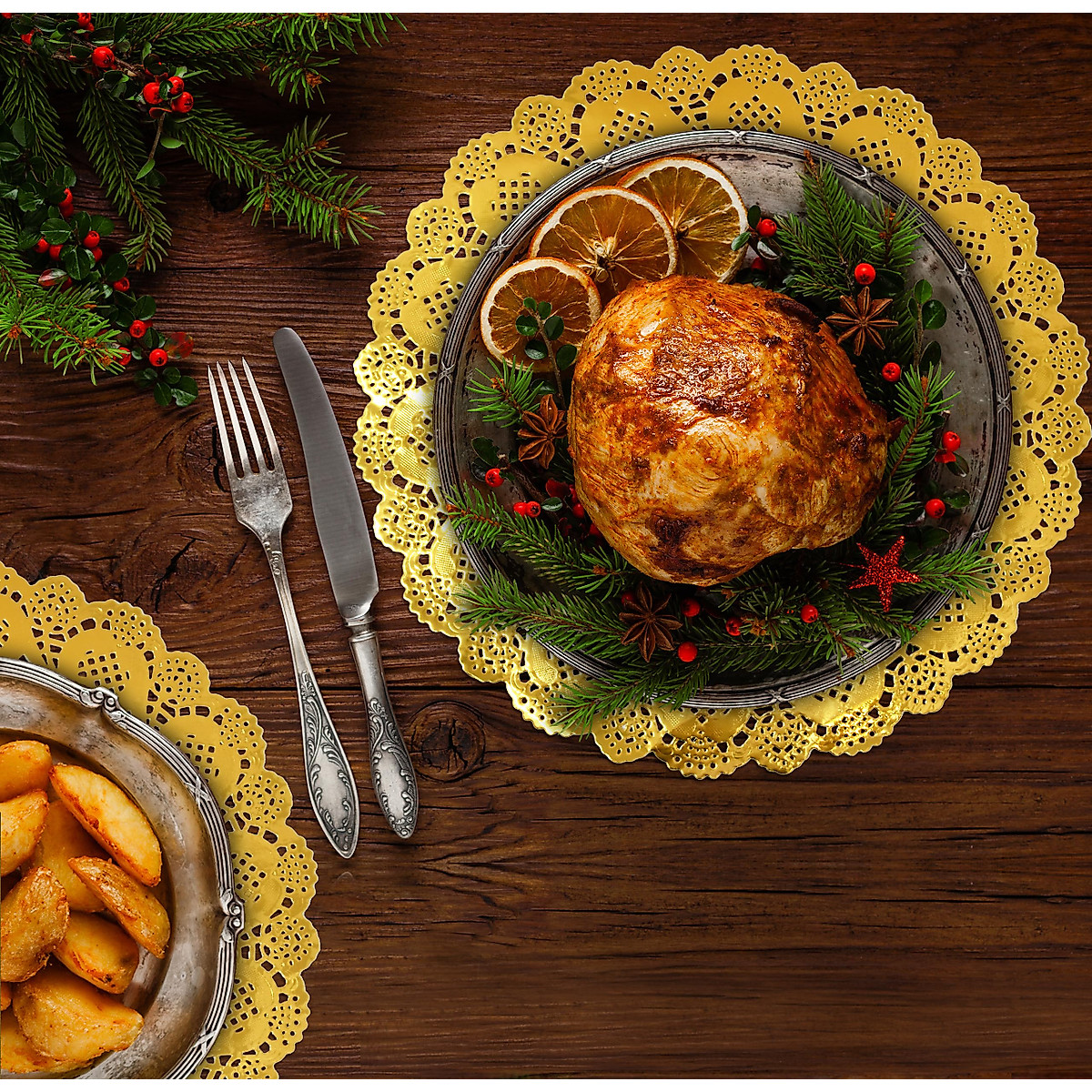 Gift Boutique 250 Gold Doilies Round Paper Place Mats 14" Disposable Metallic Golden Foil Lace Scallop Doily for Cakes Desserts Wedding