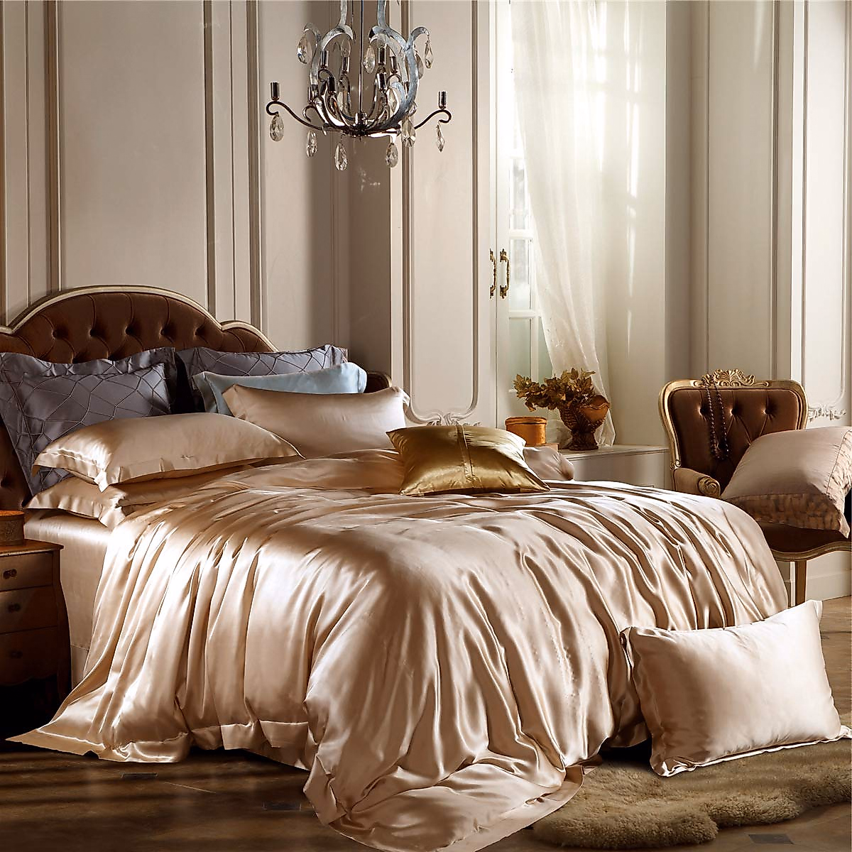 Orose 4Pcs 25MM Silk Duvet Cover Set 100% Seamless Silk Sheets Charmeuse Mulberry Silk Bedding Sheet Set (Bright Coffee, King)