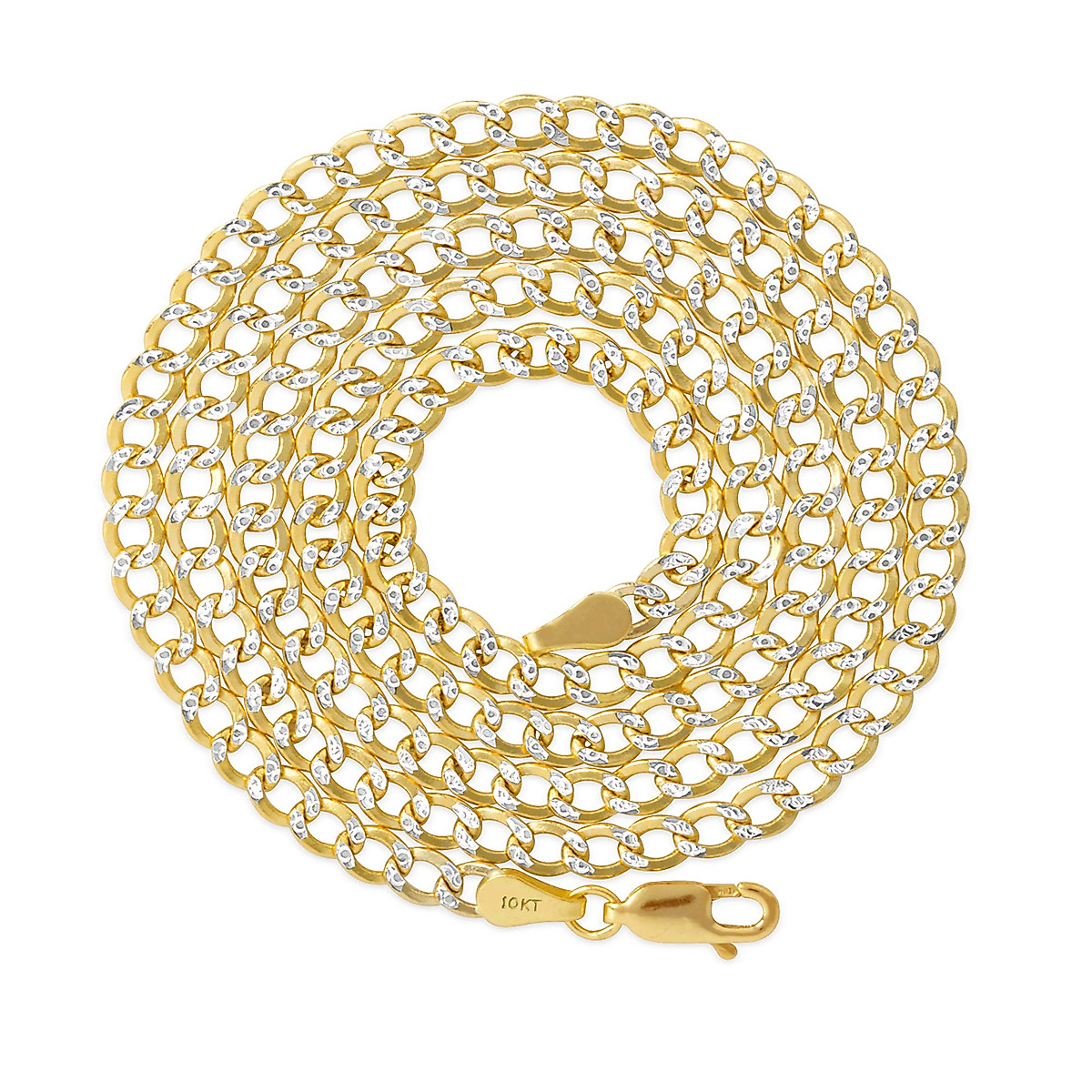 Nuragold 10k Yellow Gold 3.5mm Cuban Chain Curb Link Diamond Cut Pave Two Tone Pendant Necklace, Mens Womens Jewelry 16" 18" 20" 22" 24" 26" 28" 30"