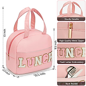 DIRGEE Lunch Bag for Women - Pink, Leather, Unisex, Meal Holder, Waterproof, Insulated, Reusable, Portable, 9.4L Capacity, Cute Chenille Letters Design
