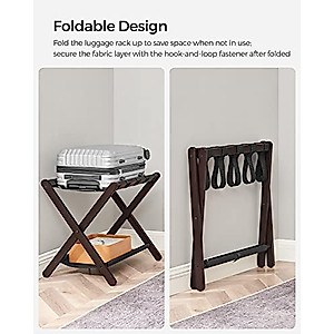 SONGMICS Luggage Rack, Folding Suitcase Stand with Storage Shelf, for Guest Room, Hotel, Bedroom, Heavy-Duty, Holds up to 131 lb, Chestnut Brown URLR007R01