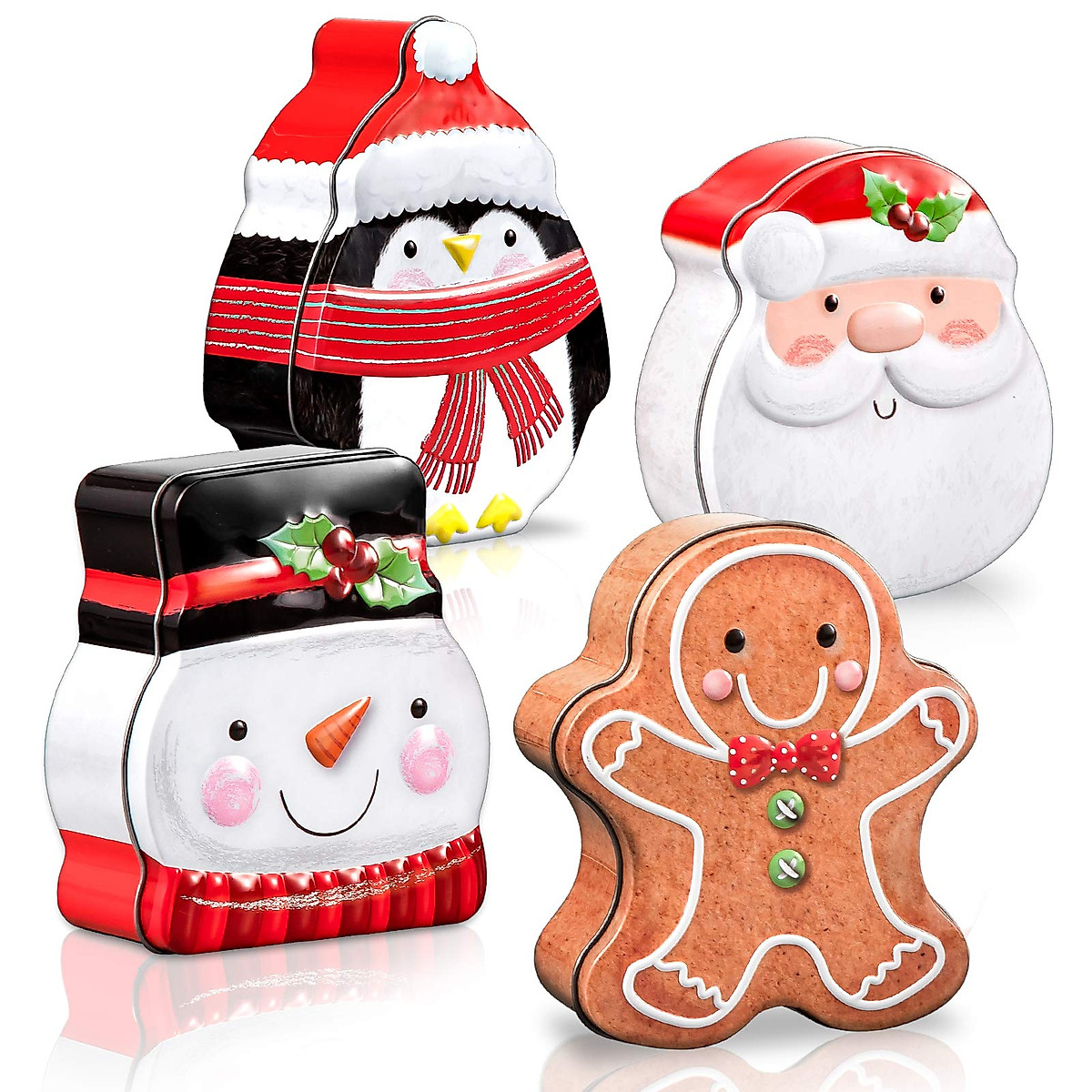 Whaline Christmas Tin Box Xmas Card Tin Box Metal Cookie Tin Box with Lid Assorted Card Holder Containers for Party Decor Supplies Santa Clause Snowman Gingerbread Penguin, 4 Pack