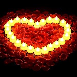 cridoz Romantic Decorations Special Night Set, 24 Pieces LED Tea Lights Candles and 2000 Pieces Artificial Rose Petals for Romantic Night, Valentine's Day, Wedding Anniversary or Table Décor
