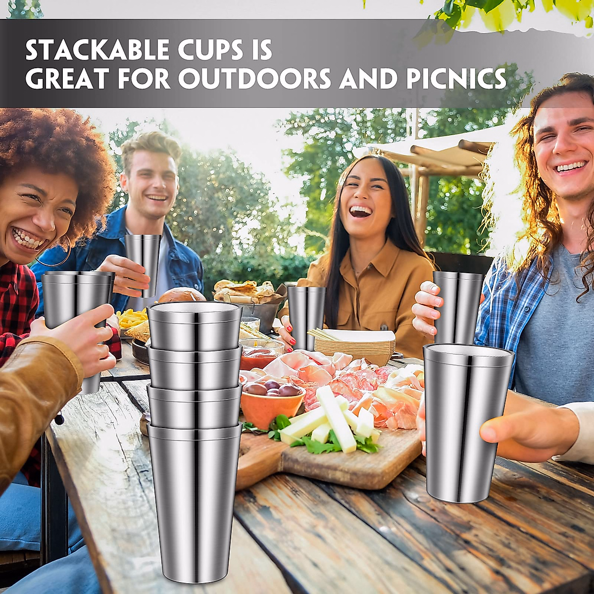 8 Pack Stainless Steel Cups 16 Oz, Double Wall Vacuum Pint Cup Tumbler, Stackable Metal Cups Unbreakable Drinking Glasses for Home and Outdoor