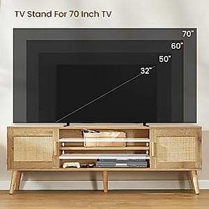 Iwell Boho Rattan TV Stand for 70 inch TV, Large TV Console, Entertainment Center with Adjustable Shelf and 2 Cabinets, Mid Century Modern TV Stands for Living Room, Bedroom, Natural