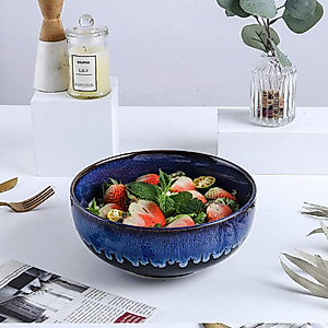 KOOV 58 oz Salad Bowls, Ceramic Bowl Set, Stackable Soup Bowls, Large Bowls, Reactive Glaze Set of 3 (Nebule Aegean)