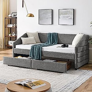 Twin Size Daybed with Storage Drawers, Linen Upholstered Sofa Bed Frame, Modern Tufted Day Beds for Bedroom Living Room Guest Room, Gray