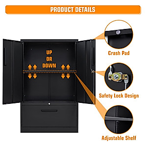 ZAOUS File Cabinet 1 Drawer, Metal File Cabinet with Lock, Lateral Filing Cabinet with Doors & Adjustable Shelves for Home Office, Living Room, Pantry, Gym, Basement, Warehouse, Black