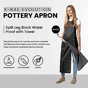 K-Rae Evolution Stay Dry Craft and Pottery Apron Split Leg, Full Coverage with Towel Loops, Water Proof Apron for Men & Women, Adjustable Split Leg Black Apron, Dirt, Oil and Chemical Resistant