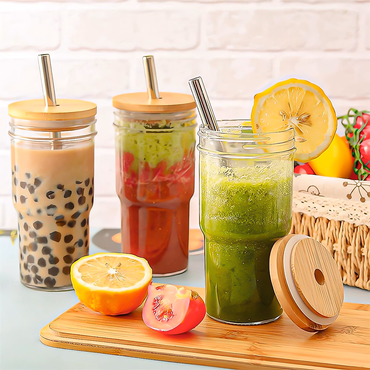 SYOUACEND 2 Pack Glass Cups with Lids and Straws, 24oz Glass Tumbler with Sleeves Reusable, Mason Jar Drinking Glasses Iced Coffee Cup Wide Mouth Glass Bottle for Bubble Tea, with 2 Cleaning Brush