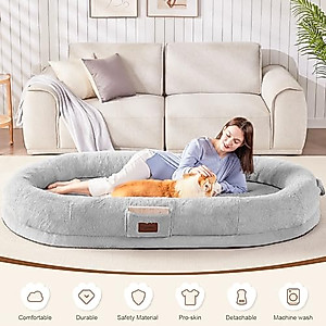 Human Dog Bed for People Adults, Giant Bean Bag Bed with Blanket 72"x48"x10", Washable Faux Fur Nap Bed Adult Oval for People, Families, Pets Removable Large Memory Foam Human Sized Dog Bed Grey