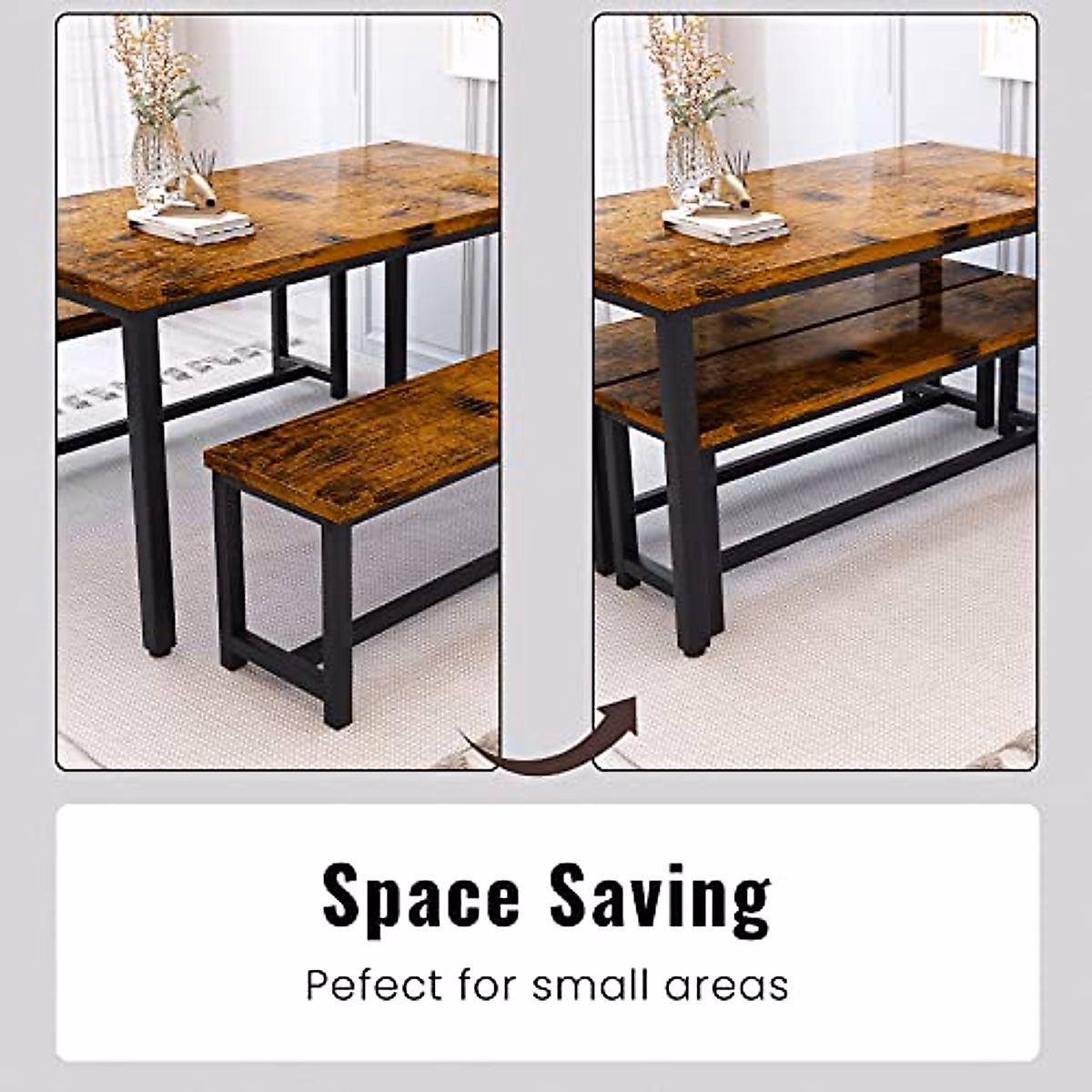 Recaceik 47" Dining Room Table Set with 2 Benches, Kitchen Dining Table Set for 4 Persons, Space Saving Kitchen Table and Chair Set for Dining Room, Small Space, Breakfast Nook(Brown)